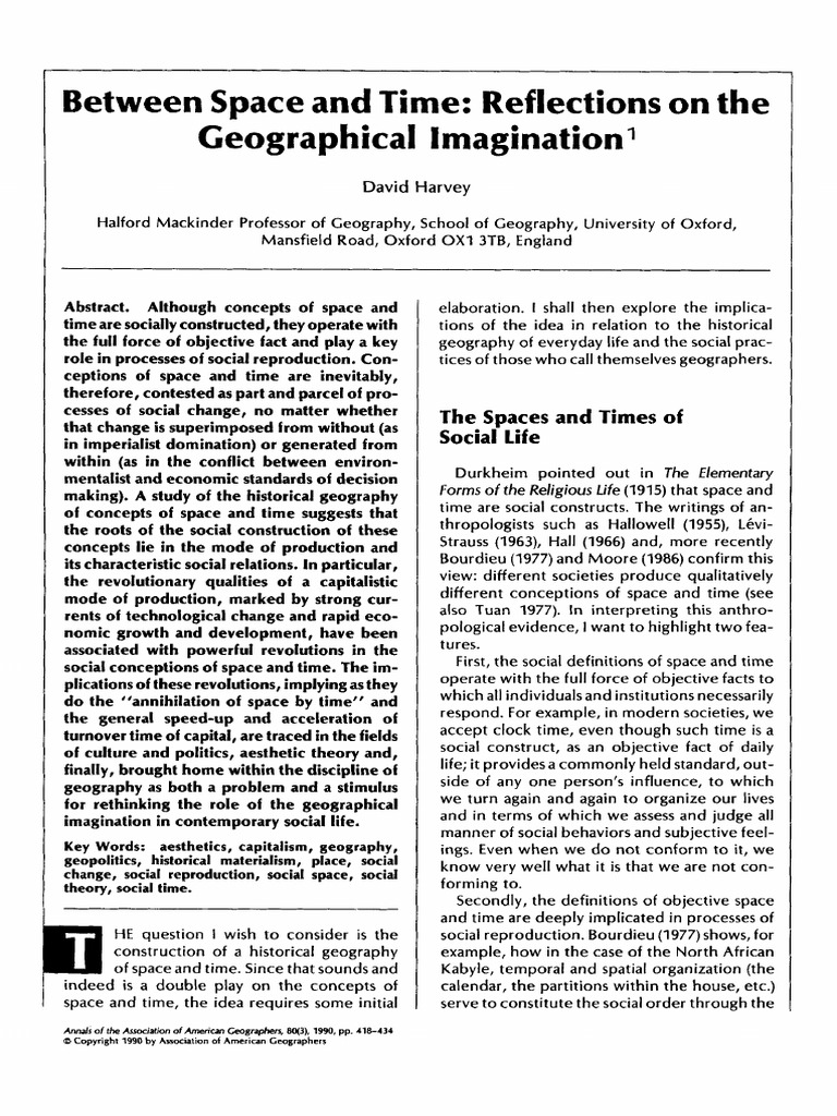 Between Space and Time. Reflections on the Geographical Imagination | PDF | Space | Capitalism