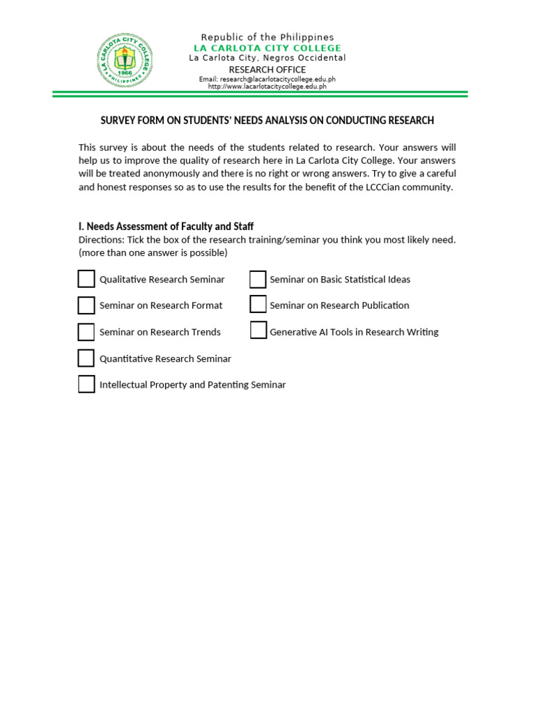Survey Form On Students' Needs Analysis On Conducting Research | PDF