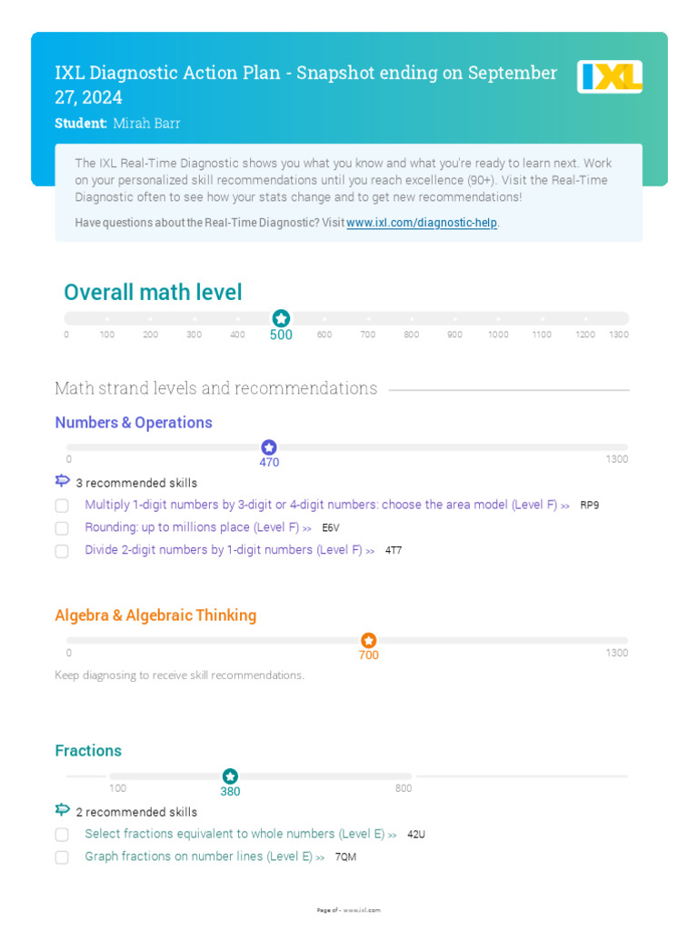 IXL Diagnostic Report - 2024 11 06 - Barr Mirah. | PDF | Mathematics ...