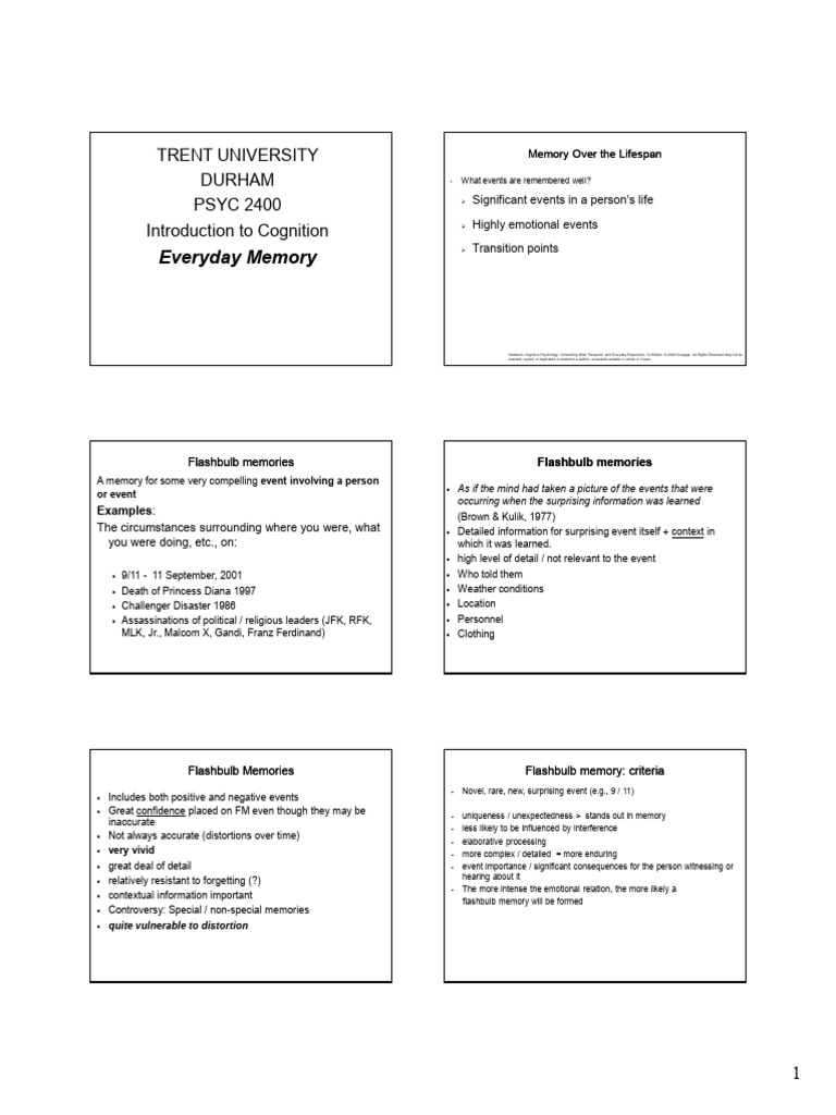 STUDENT EDITED 8th Lecture 2400 Cognition Everyday Memory | PDF | Witness | Cognitive Psychology