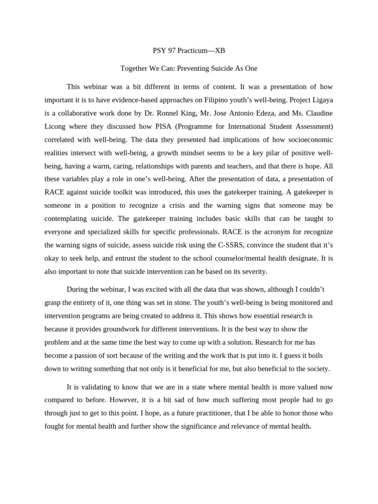 PSY 97 Practicum Reflection 8 | PDF | Mental Health | Psychology