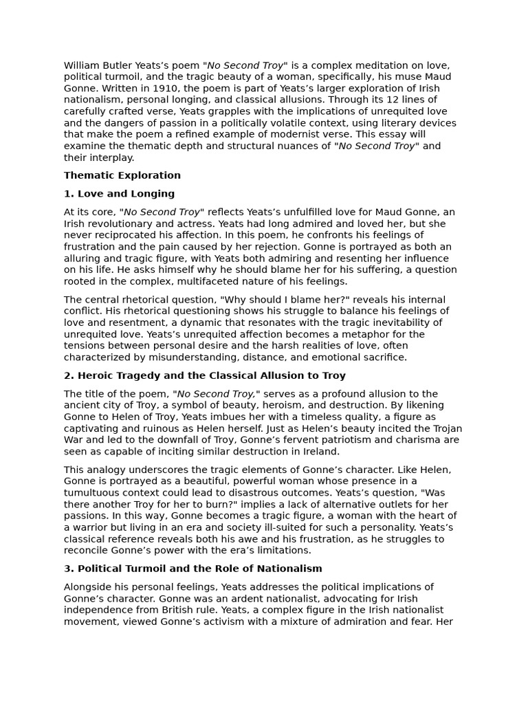 No Second Troy note | PDF | W. B. Yeats | Poetry