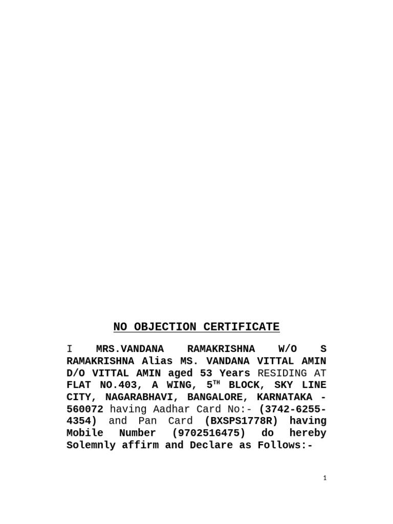 No Objection Certificate - Vandana Ramakrishna | PDF
