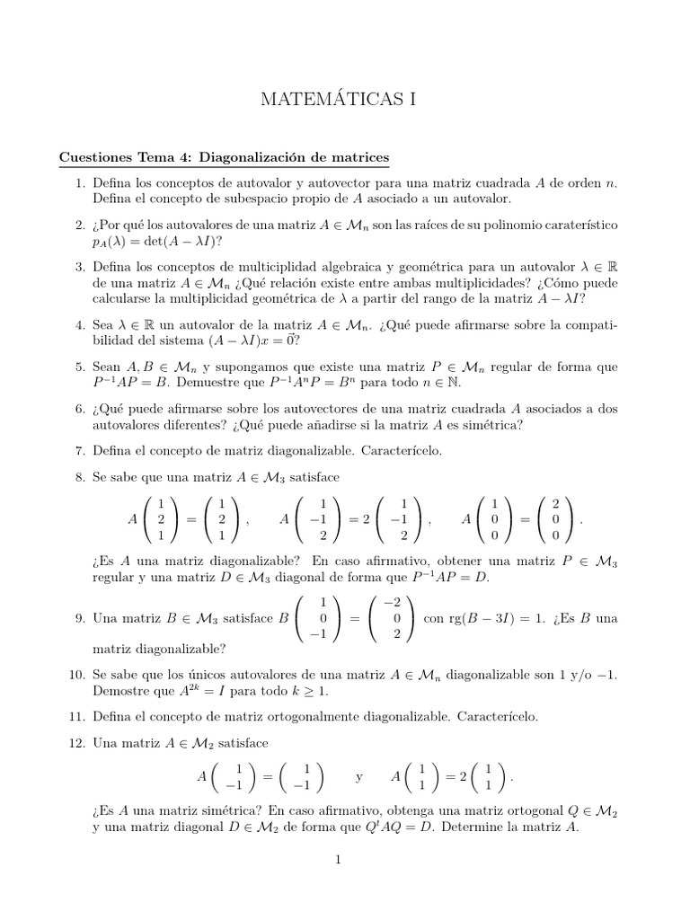 Diagonalización de Matrices: Conceptos y Ejemplos | PDF | Valores ...