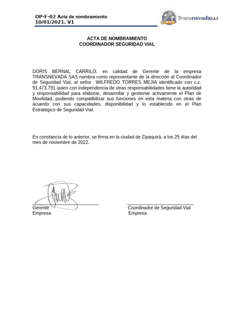 Anexo 2 Acta de nombramiento del coordinador vial. | PDF