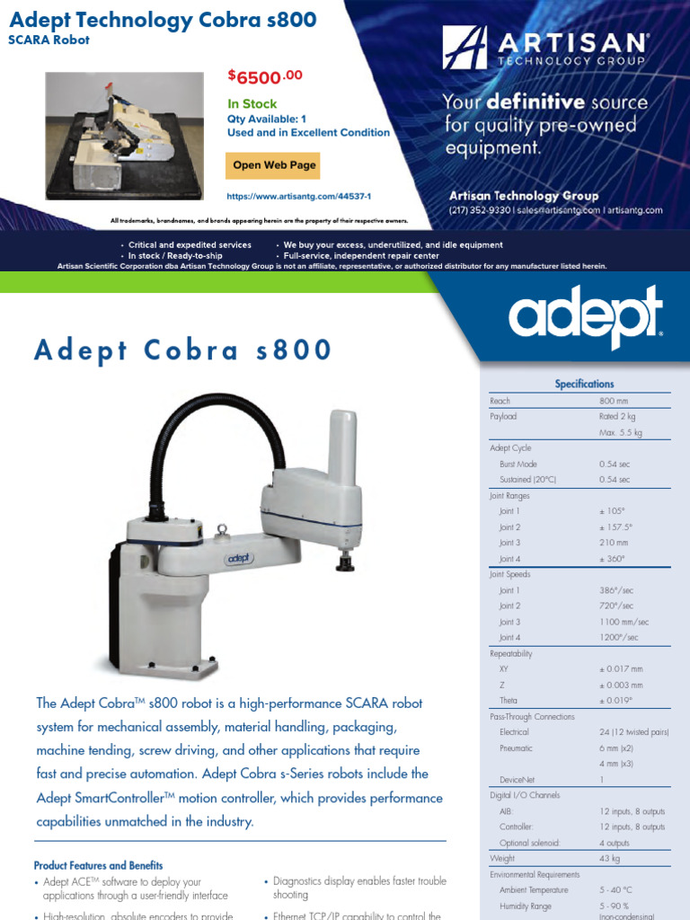 OMRON_Adept_Technology_Cobra_s800_Datasheet_202231102956 | PDF | Computing | Computer Engineering