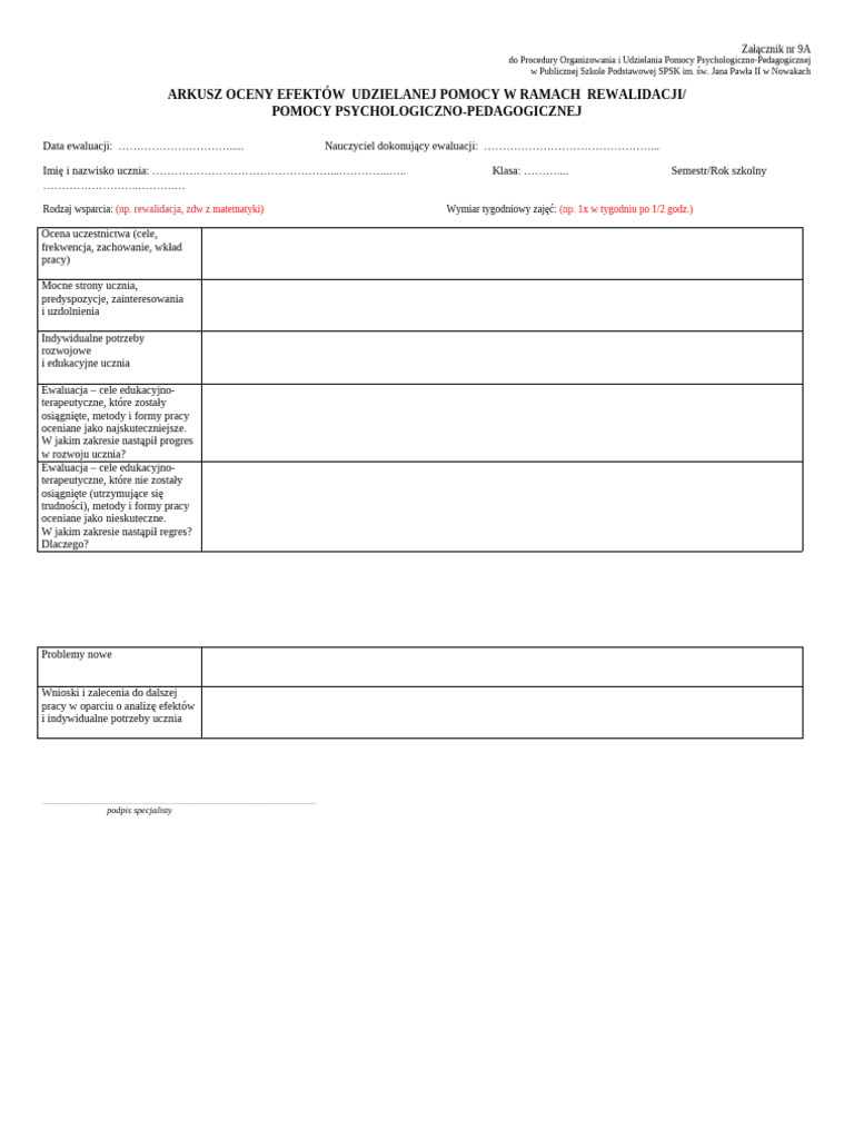 Arkusz Ocena Efektów | PDF