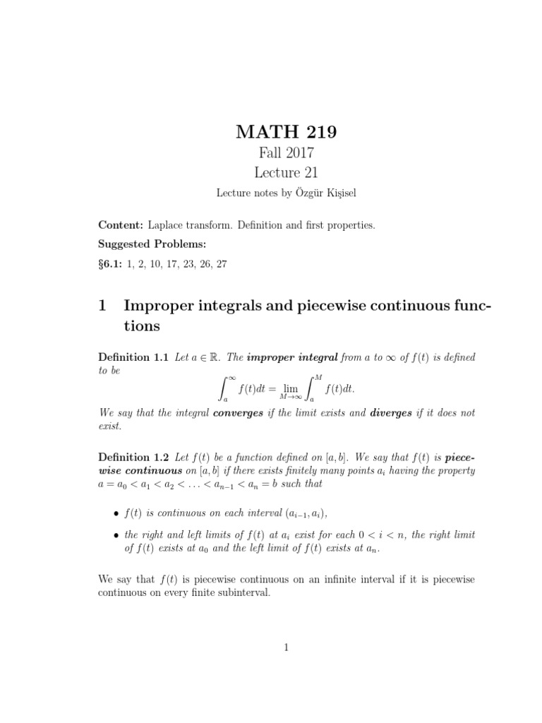 MATH219 Lecture 21 | PDF | Laplace Transform | Function (Mathematics) MATH219 Lecture 21 | PDF | Laplace Transform | Function (Mathematics)