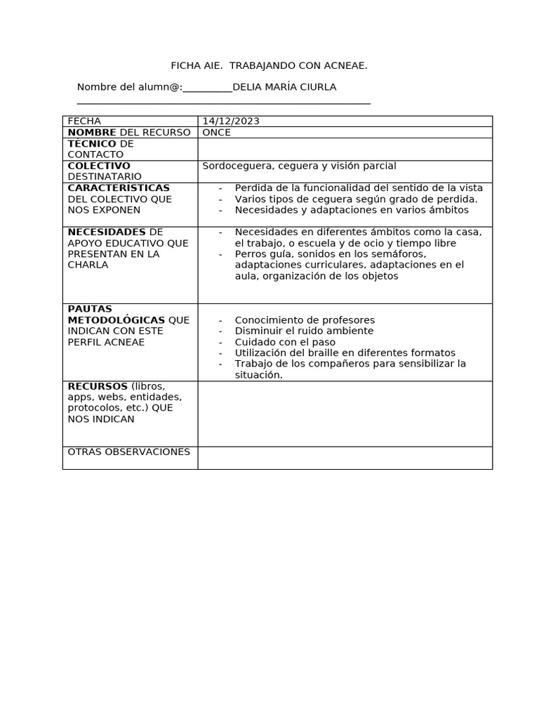 FICHA AIE ONCE | PDF