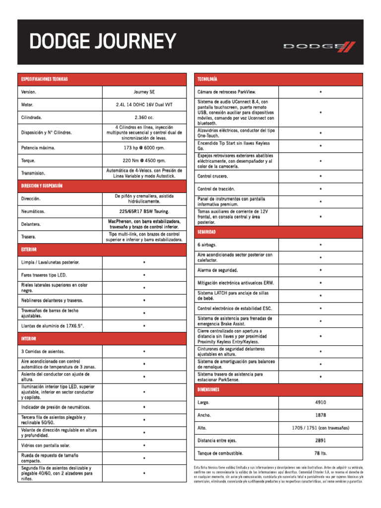 Ficha Tecnica Dodge Journey | PDF | Estilos de carrocería | Carros deportivos