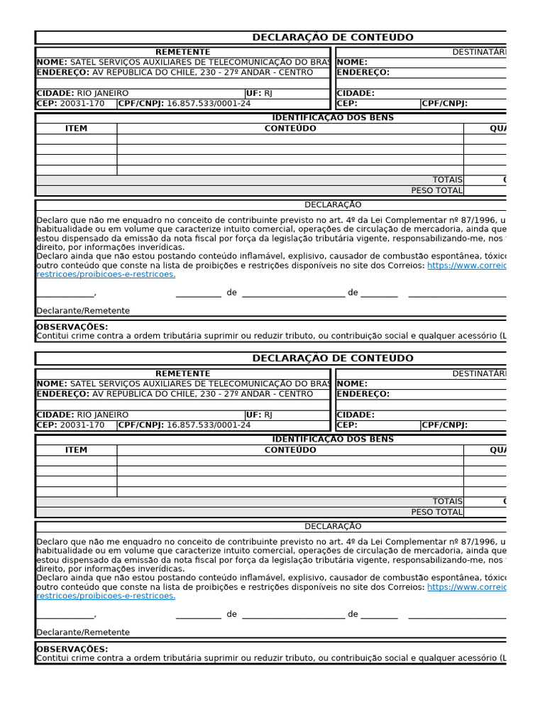 Declaração Conteúdo Correios | PDF