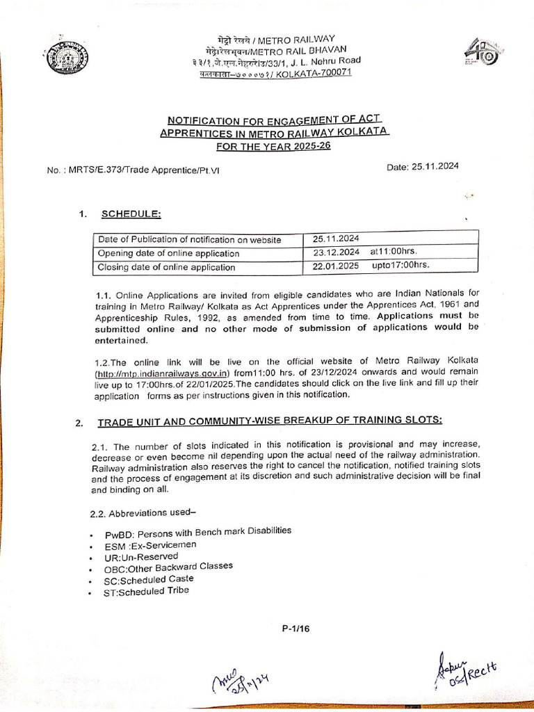 Notification Kolkata Metro Railway Act Apprentice Posts | PDF