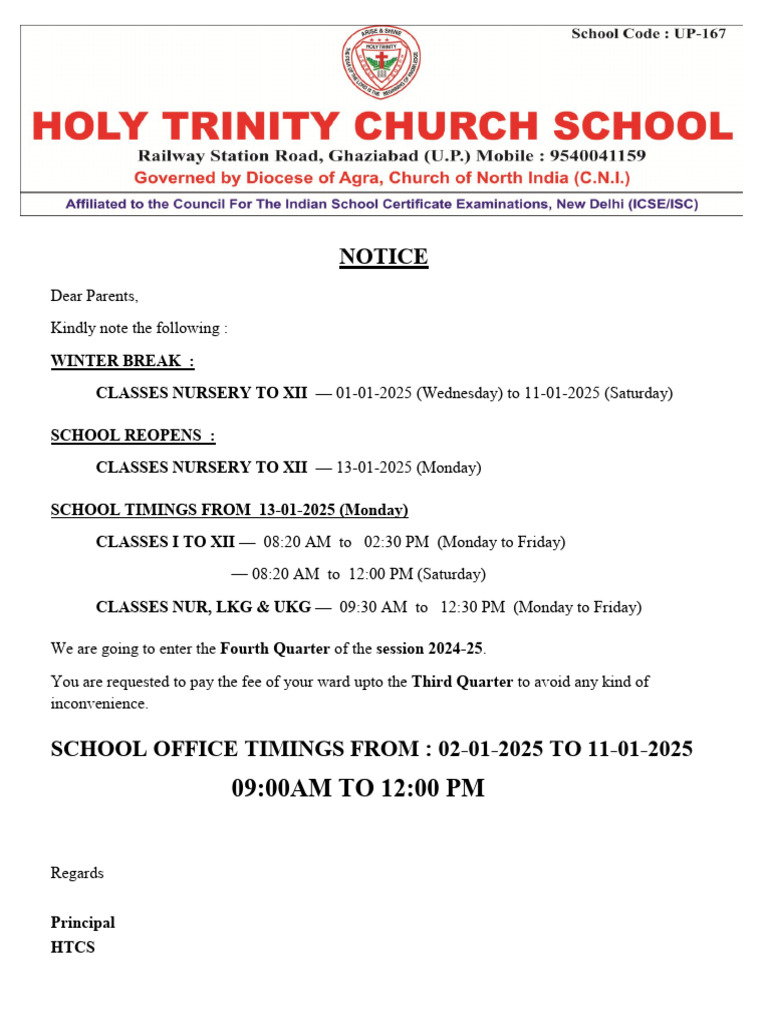 Notice For Winter Break | PDF