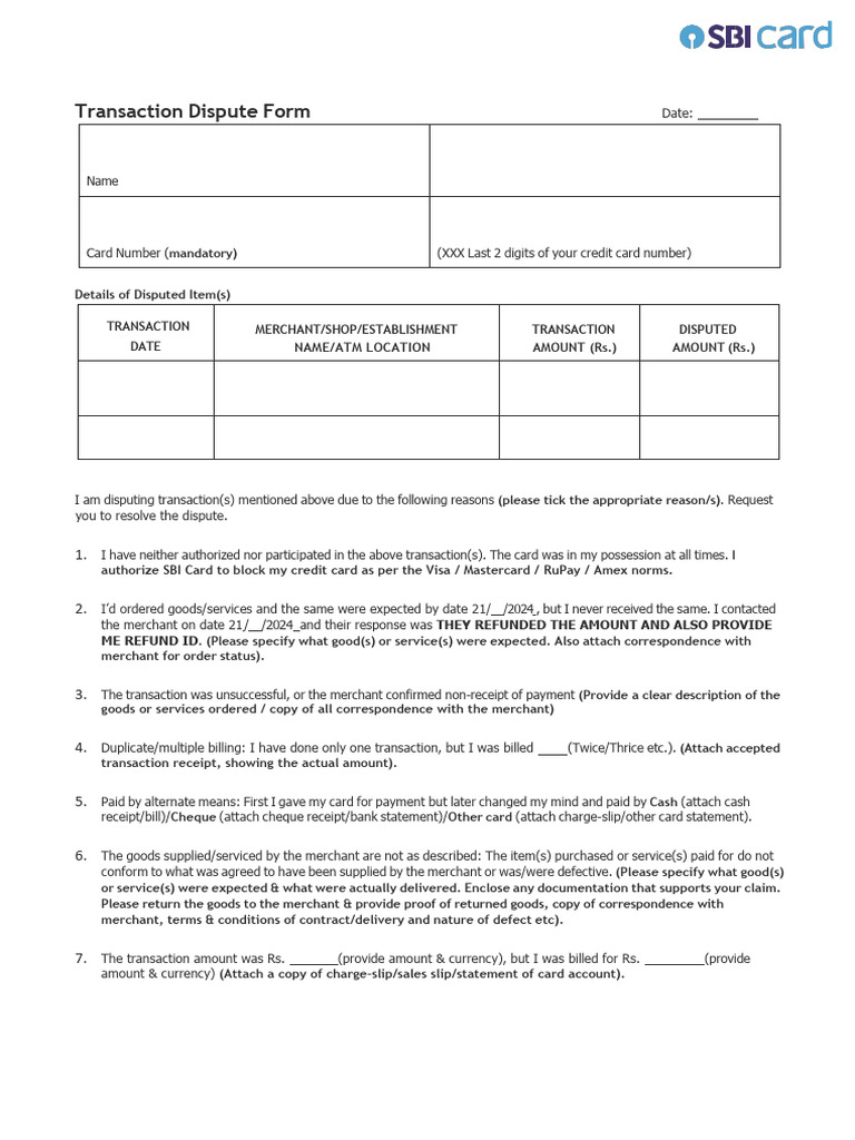 Transaction Dispute Form. | PDF | Credit Card | Receipt