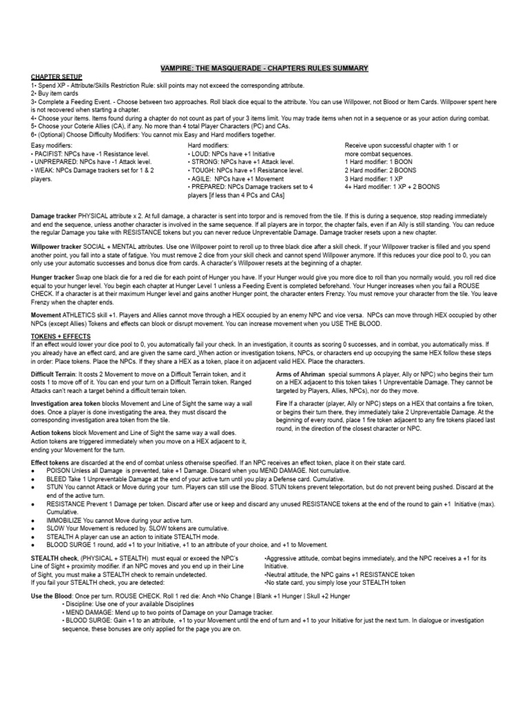 VTM Chapters Rules Summary 1 Sheet | PDF | Gaming