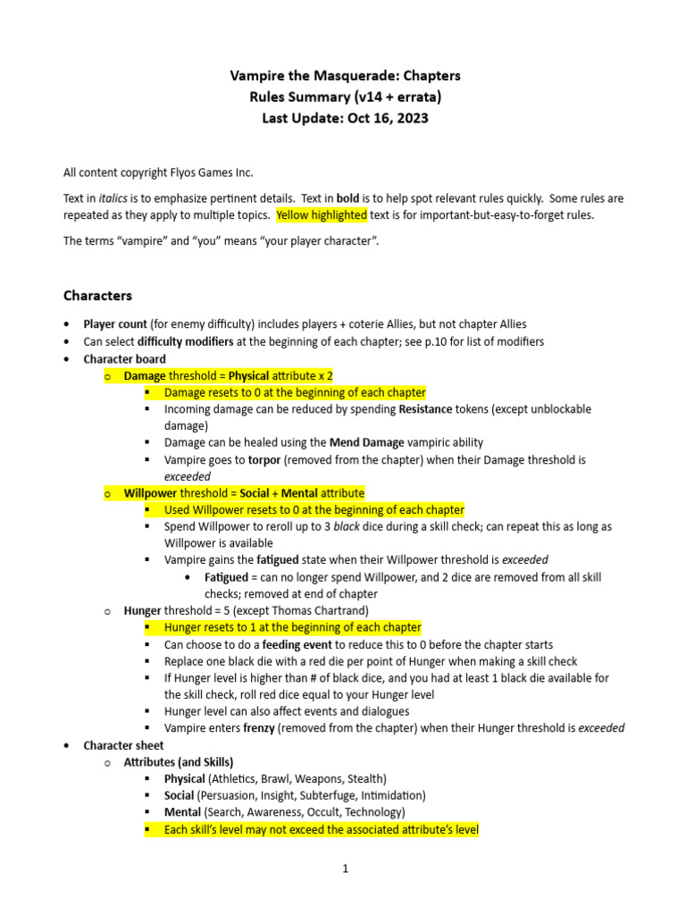 VTMC Rules Summary-V14.2 | PDF | Gaming | Role Playing Games