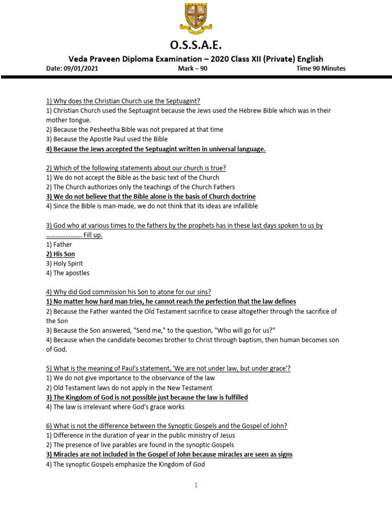 O.S.S.A.E. Class 12 Exam Questions | PDF | Gospel Of John | Bible