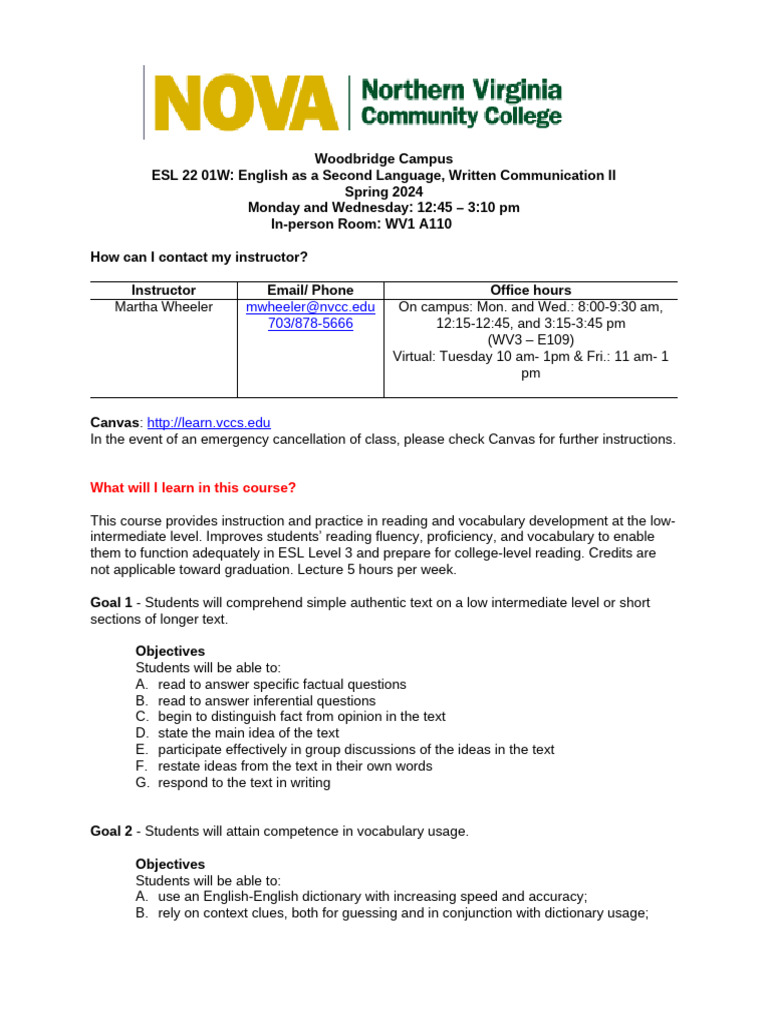 ESL 22 Syllabus Spring 2024 Wheeler | PDF | Academic Dishonesty ...