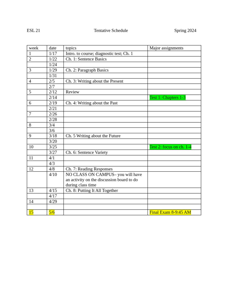 ESL 21 Spring 2024 Schedule | PDF