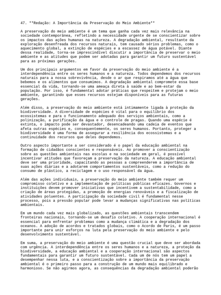 47. Redação A Importância da Preservação do Meio Ambiente | PDF ...