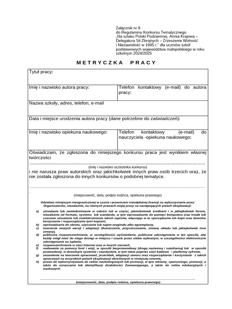 Zal. NR 9 Wzor Metryczki Pracy | PDF