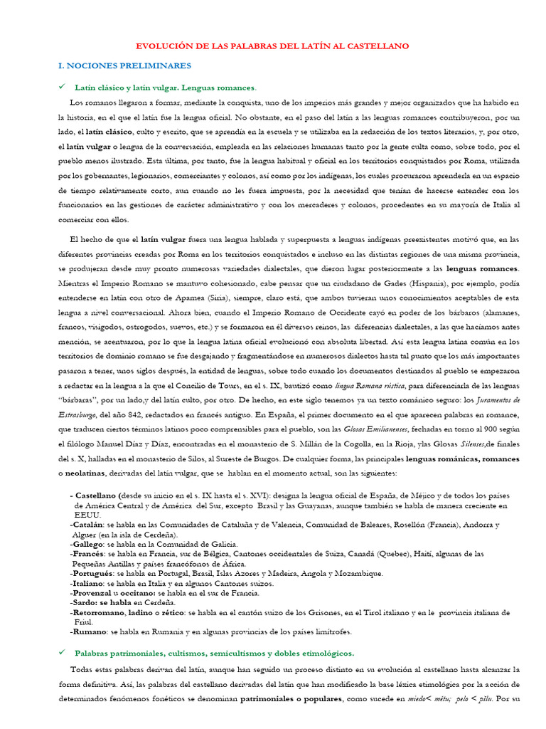 Evolución de Las Palabras Del Latín Al Castellano | PDF | latín ...