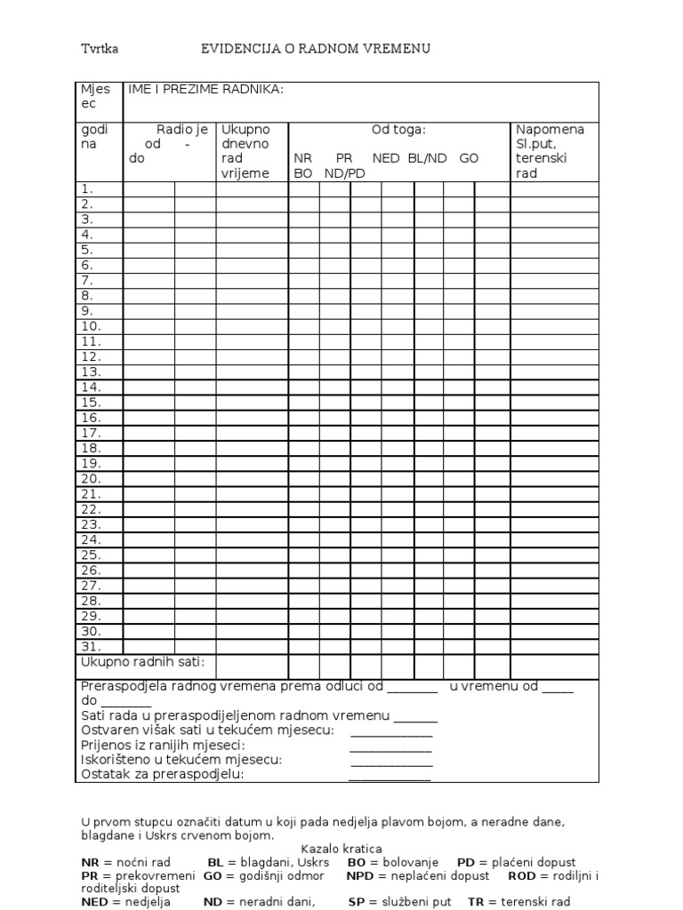 Evidencija o Radnom Vremenu | PDF