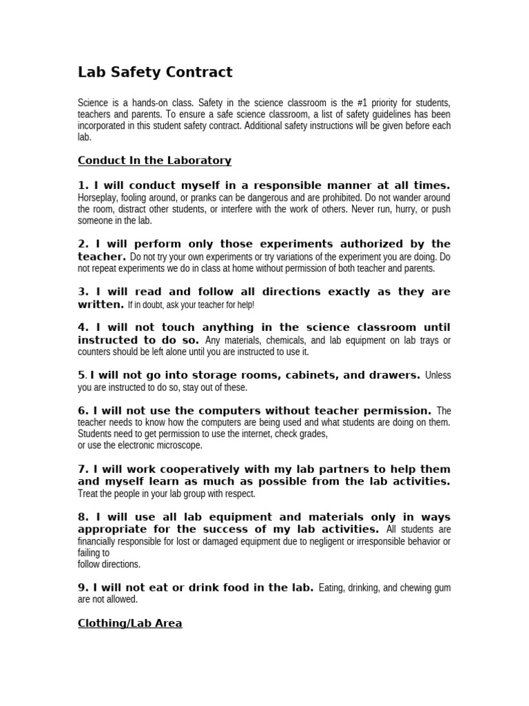 Chemistry Lab Safety Contract Guidelines | PDF | Contact Lens ...