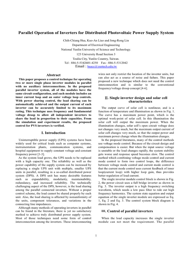 Parallel Operation Of Inverters For Distributed Photovoltaic PSS (Hua ...