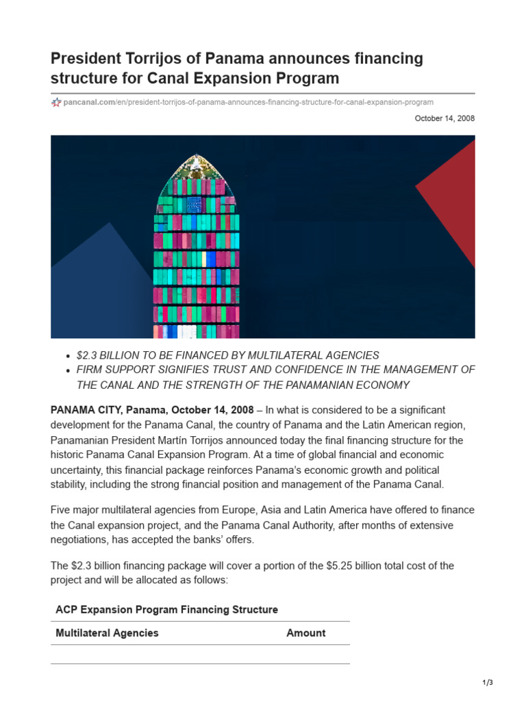 pancanal.com-President Torrijos of Panama announces financing structure ...