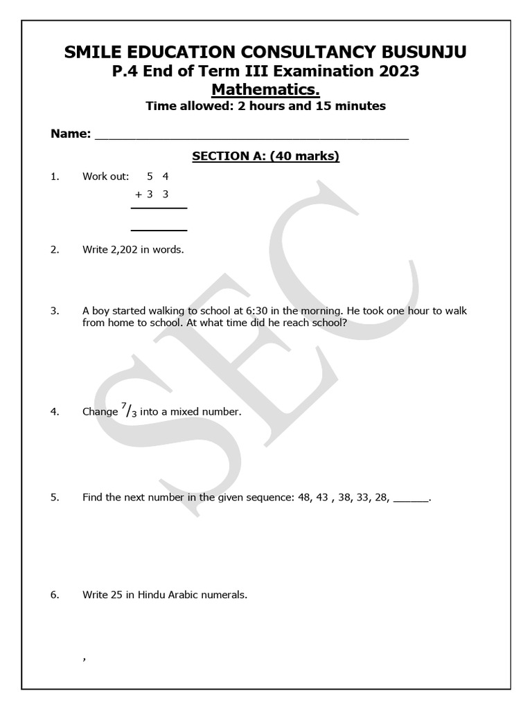 EOT P.4 MTC BY SMILE | PDF | Mathematics