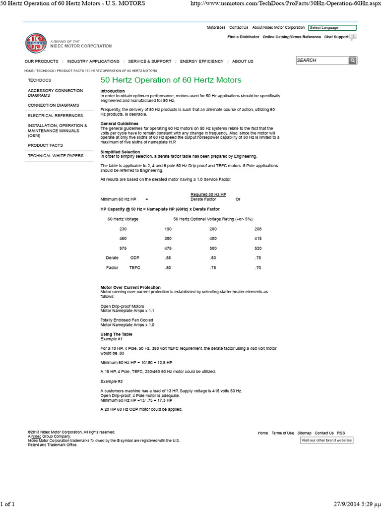 50 Hertz Operation of 60 Hertz Motors - U.S. MOTORS | PDF | Hertz ...