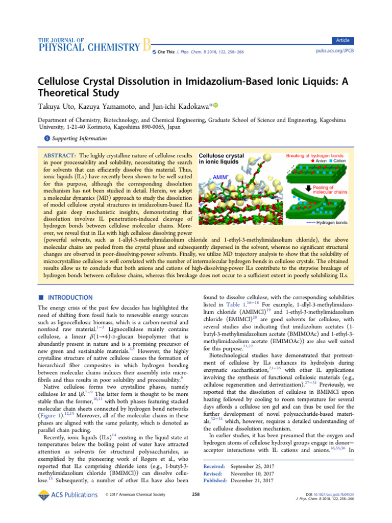 Uto Et Al. - 2018 - Cellulose Crystal Dissolution in Imidazolium-Based | PDF | Solvation | Force ...