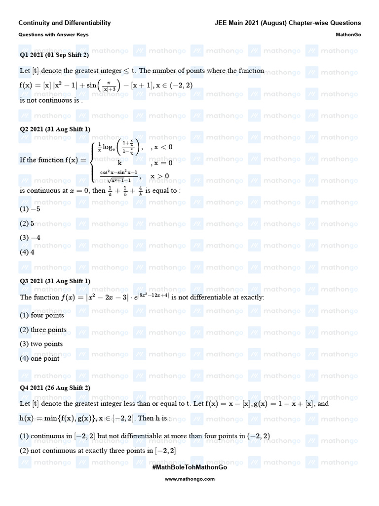 Continuity and Differentiability - JEE Main 2021 August Chapter-Wise - MathonGo | PDF ...