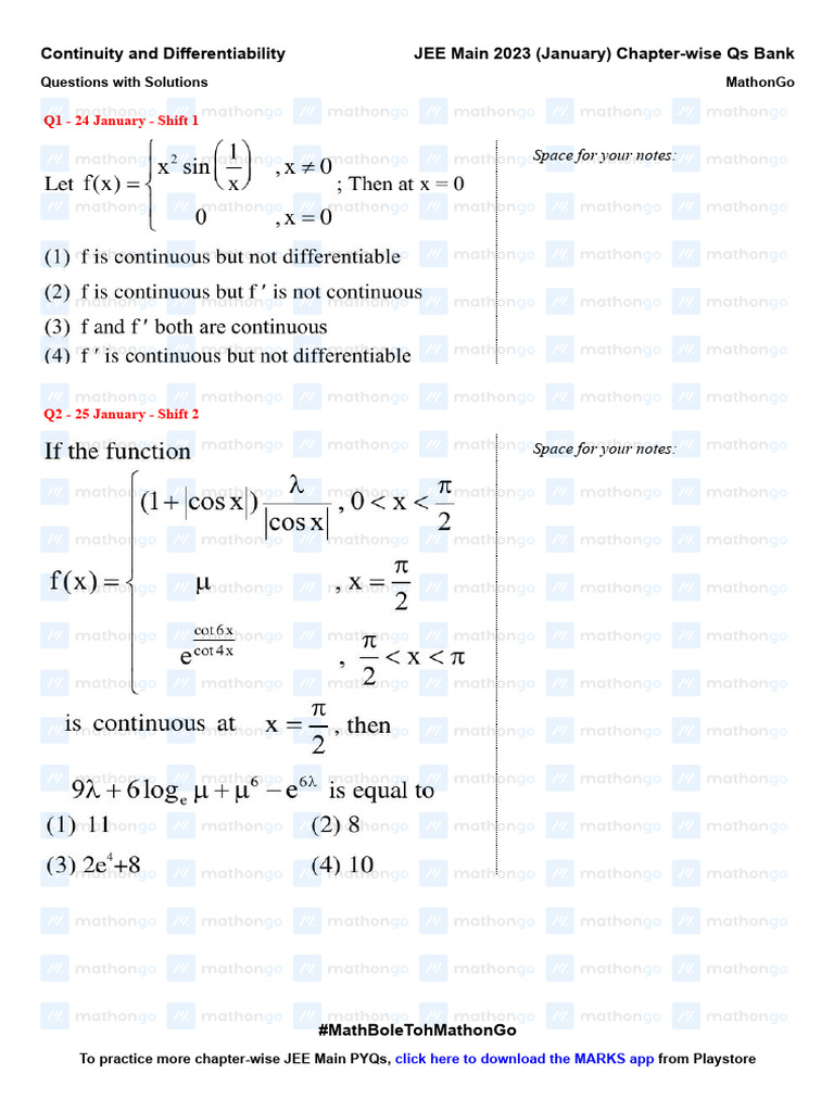 Continuity and Differentiability - JEE Main 2023 January Chapter Wise Questions by MathonGo | PDF