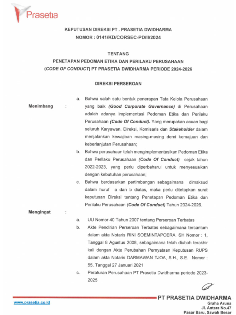 Pedoman Standar Perilaku Etika Perusahaan (Code of Conduct) Tahun 2024 ...