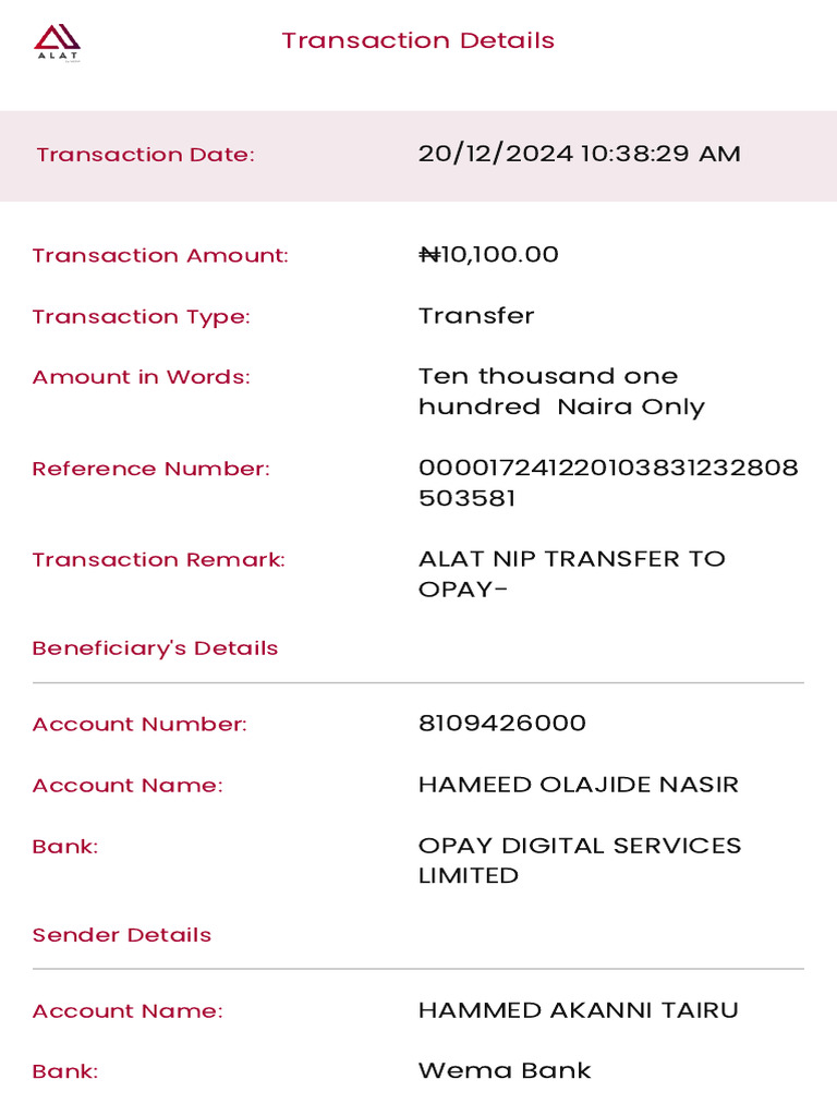 ALAT Transfer Receipt - HAMEED OLAJIDE NASIR - 8109426000 - 10,100.00 ...