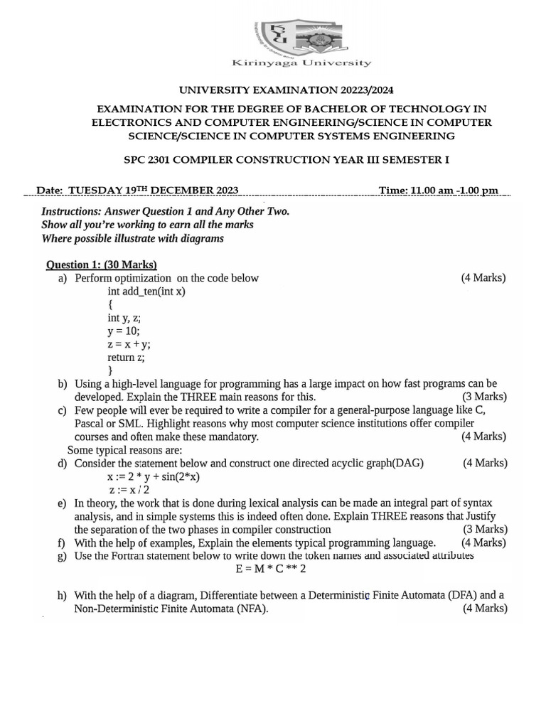 SPC 2301 Compiler Construction Year Iii Semester I | PDF