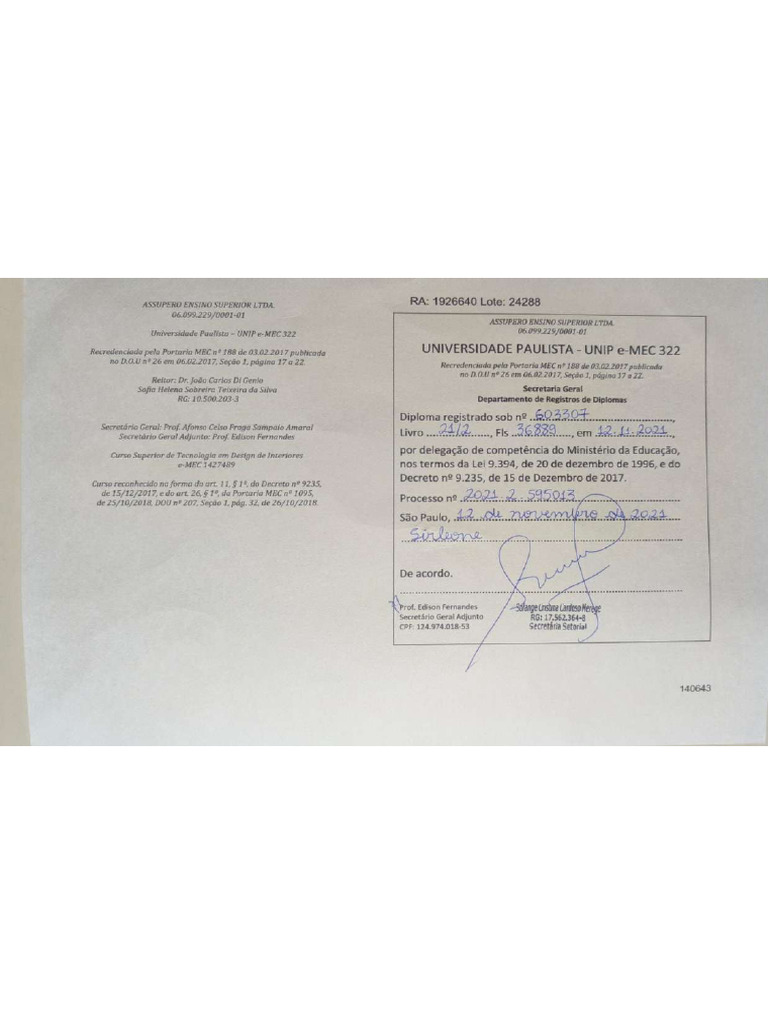 Parte de Tras Do Diploma Unip | PDF