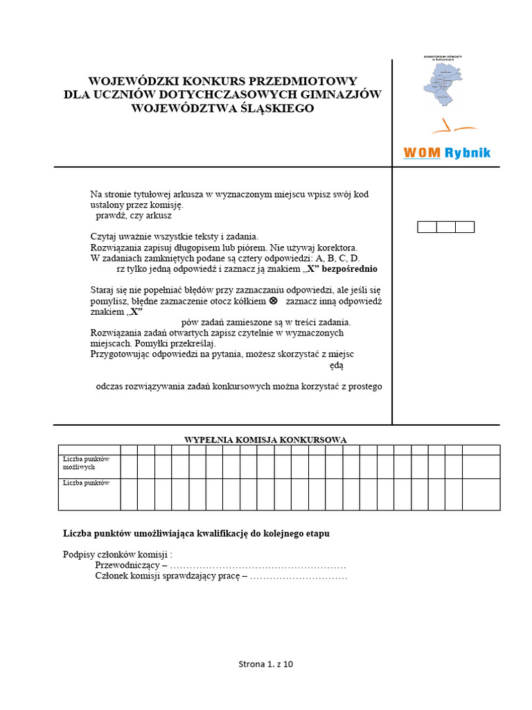 Wojewódzki Konkurs Przedmiotowy Dla Uczniów Dotychczasowych Gimnazjów Województwa Śląskiego W ...