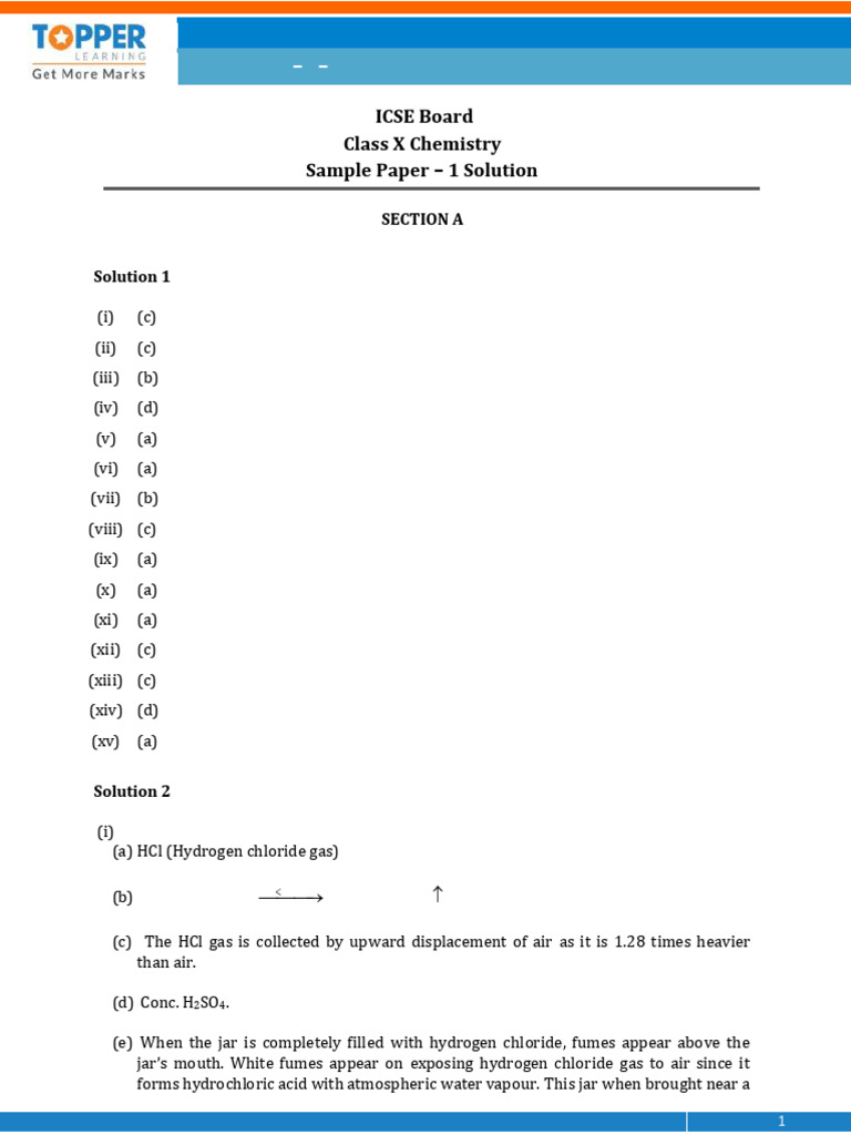 ICSE 10 Chemistry SamplePaper 1 2023 Soln | PDF | Hydrochloric Acid | Materials