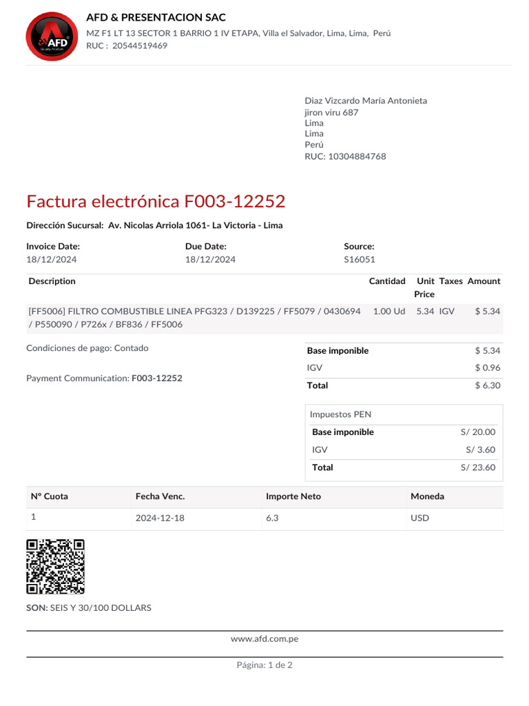 Factura Electrónica F003-12252 | PDF