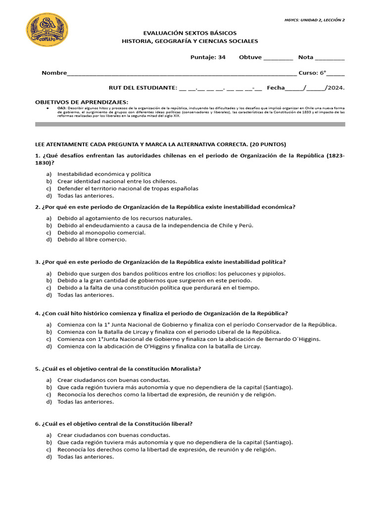 2024 U2, LECCIÓN 2 EVALUACIÓN SEXTOS BÁSICOS.docx | PDF | Conservatismo | Liberalismo