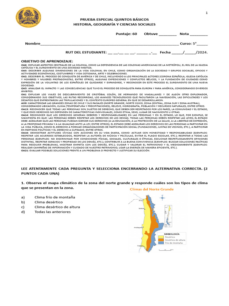 Prueba de Historia y Ciencias Sociales 5° Básico | PDF | Europa | Chile