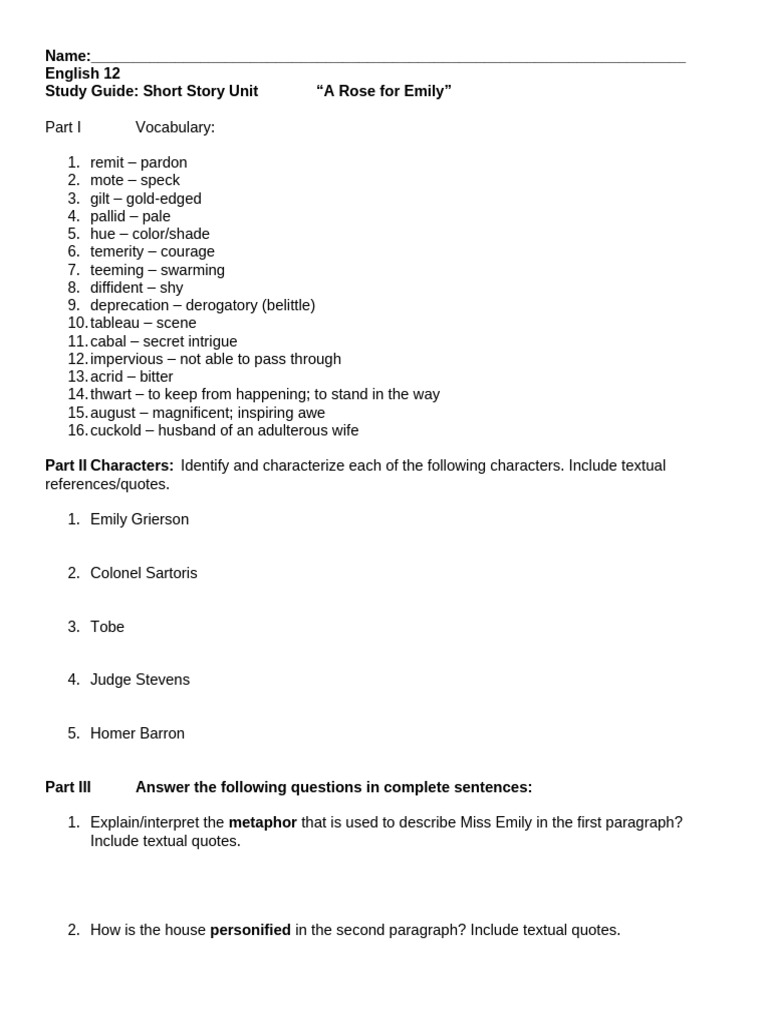 A Rose For Emily - Study Guide | PDF