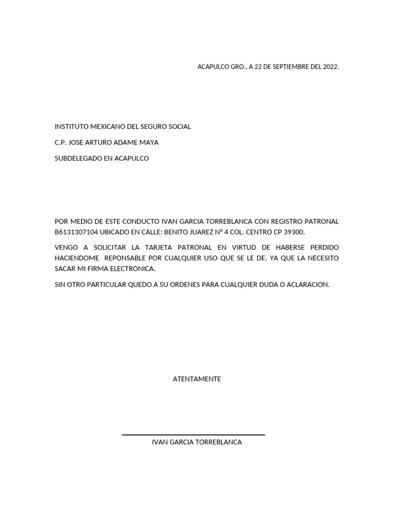 Escrito Imss Tarjeta Patronal | PDF