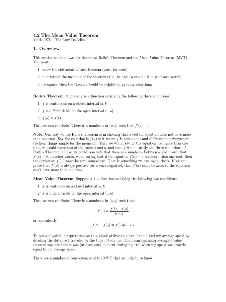 4.2 The Mean Value Theorem | PDF | Theorem | Trigonometric Functions