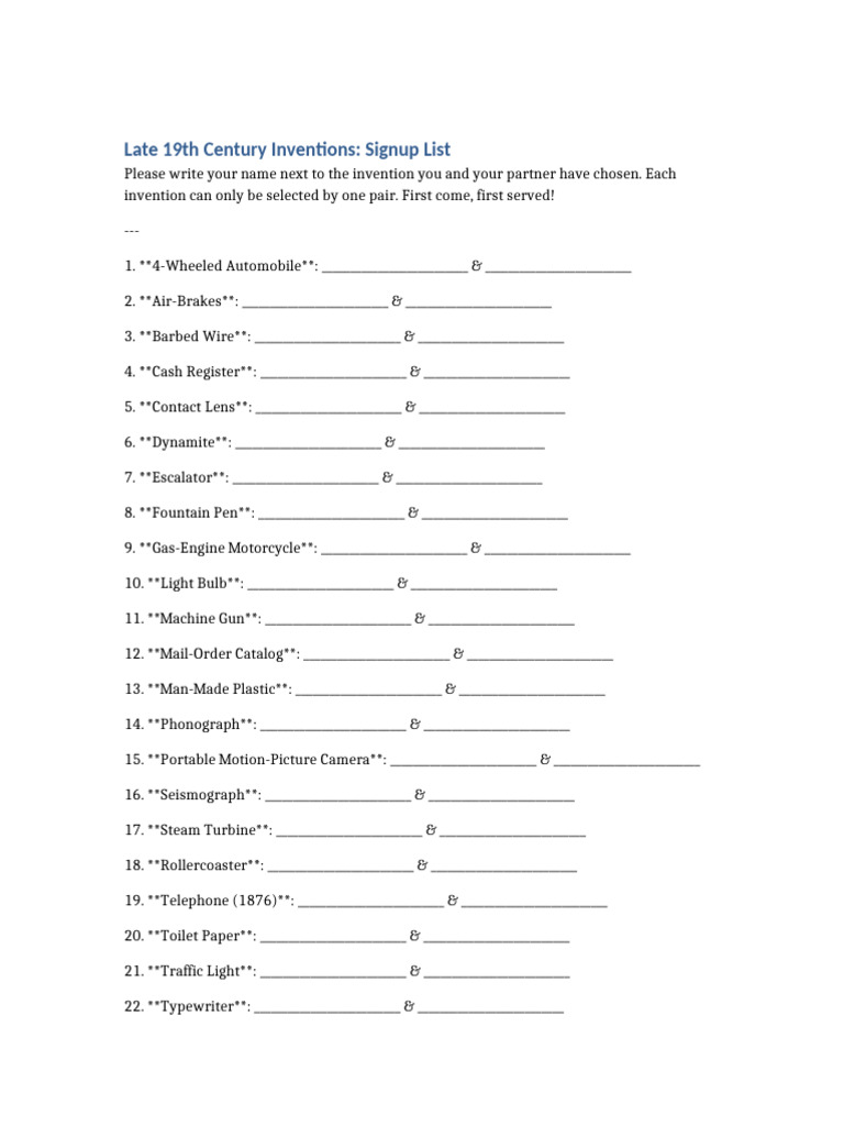 Late 19th Century Inventions Signup List | PDF | Manufactured Goods