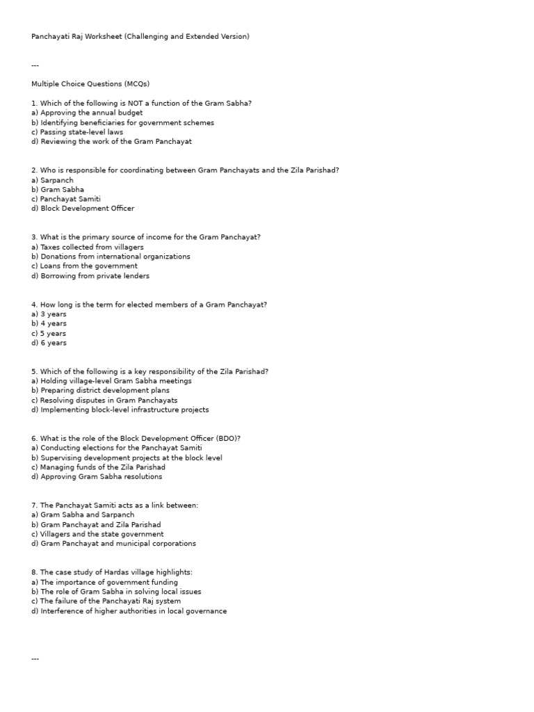 Panchayati Raj Worksheet | PDF | Government Of India