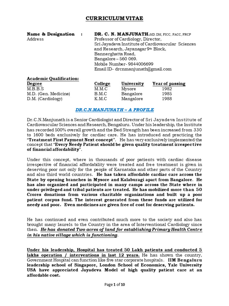 CV OF DR C N MANJUNATH | PDF | Cardiology | Hospital